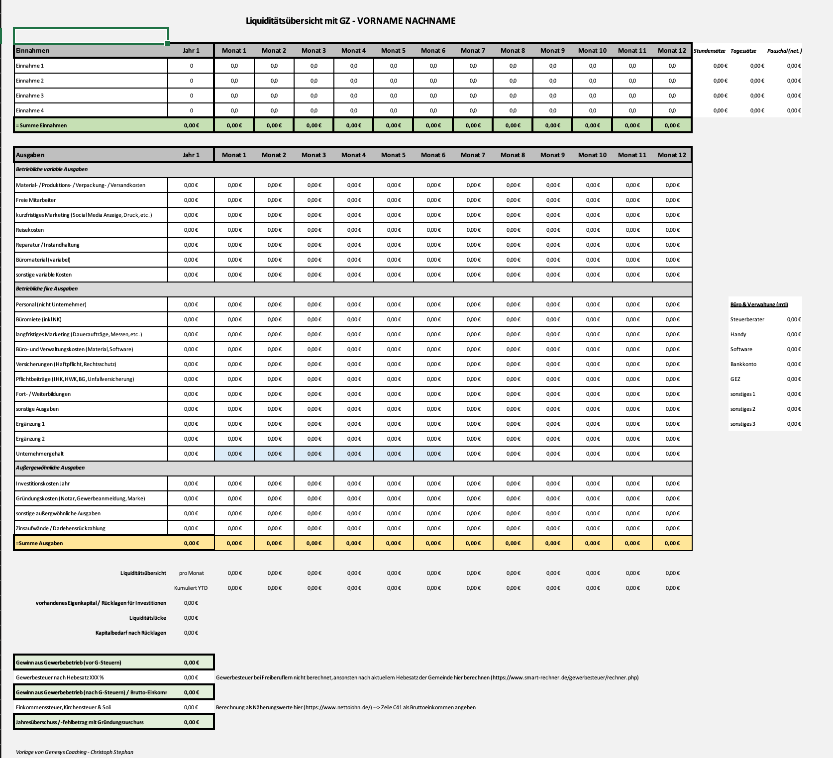 Finanzplanung Vorlage (Excel) – Einzelunternehmen - Genesys Coaching ... Finanzplanung Vorlage (Excel) – Einzelunternehmen - Genesys Coaching ...